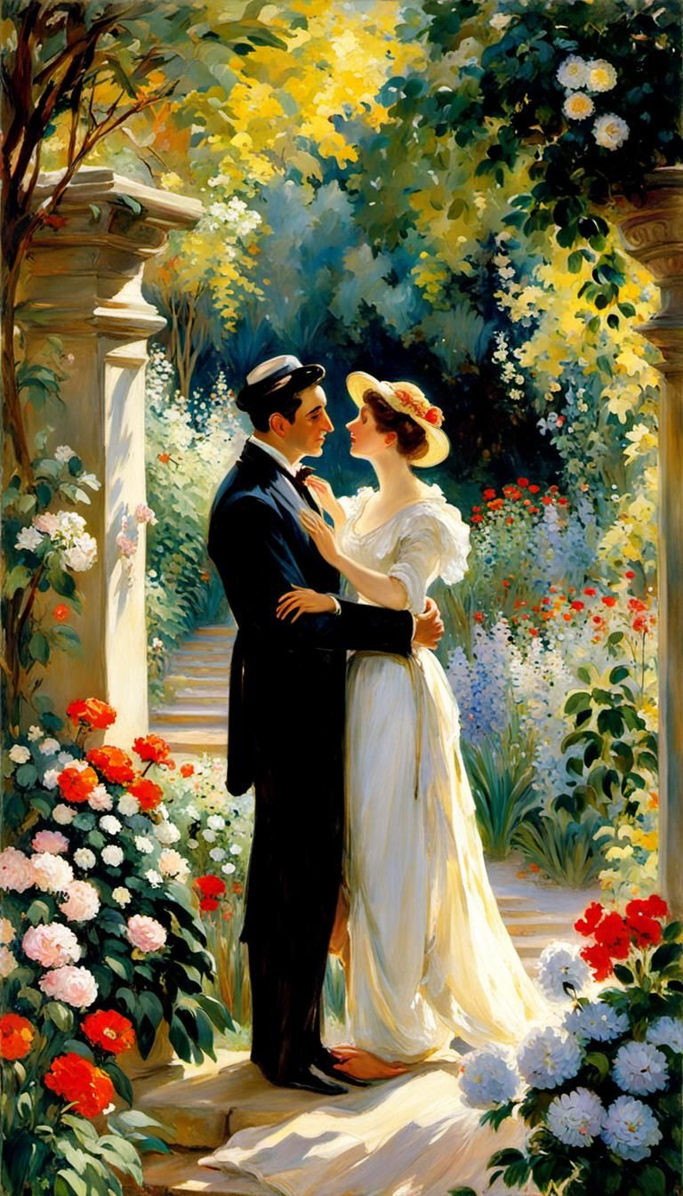 An oil painting depicting a romantic scene in an enchanted garden, with ...