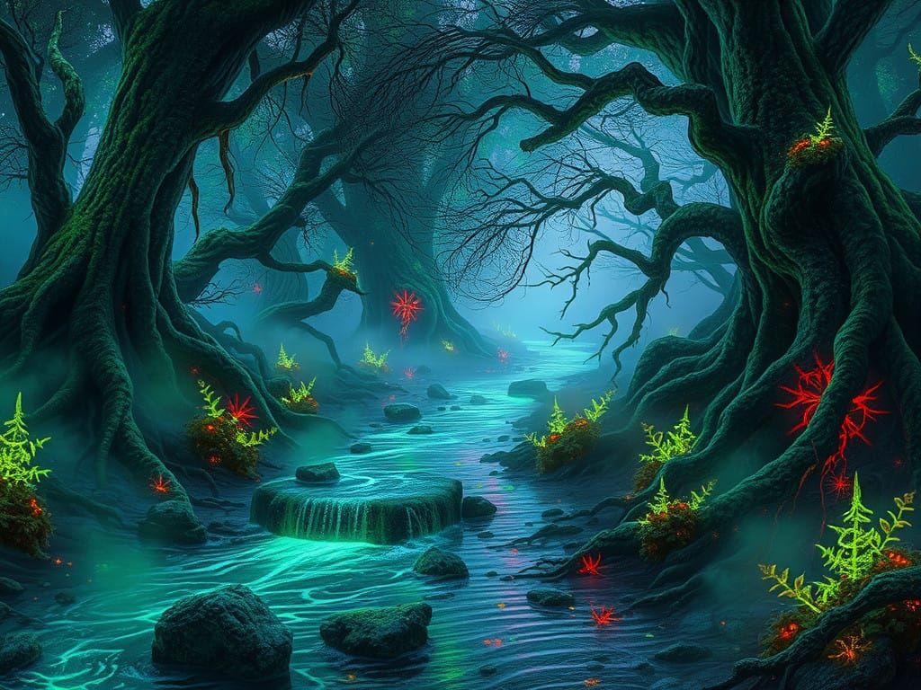 a stream running through a lush green magical bizarre forest