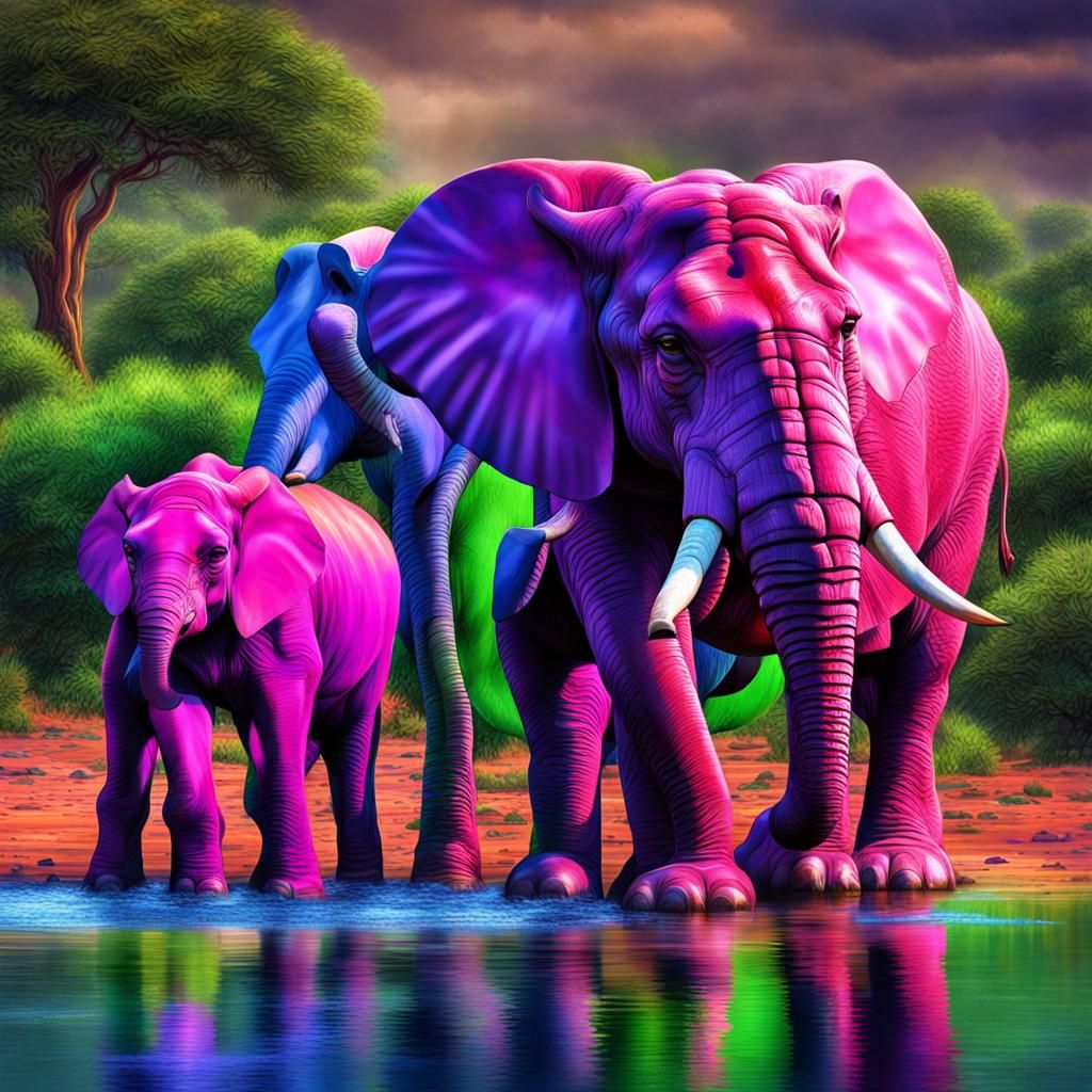 A bright pink elephant and bright green hippo and a blue giraffe and a ...