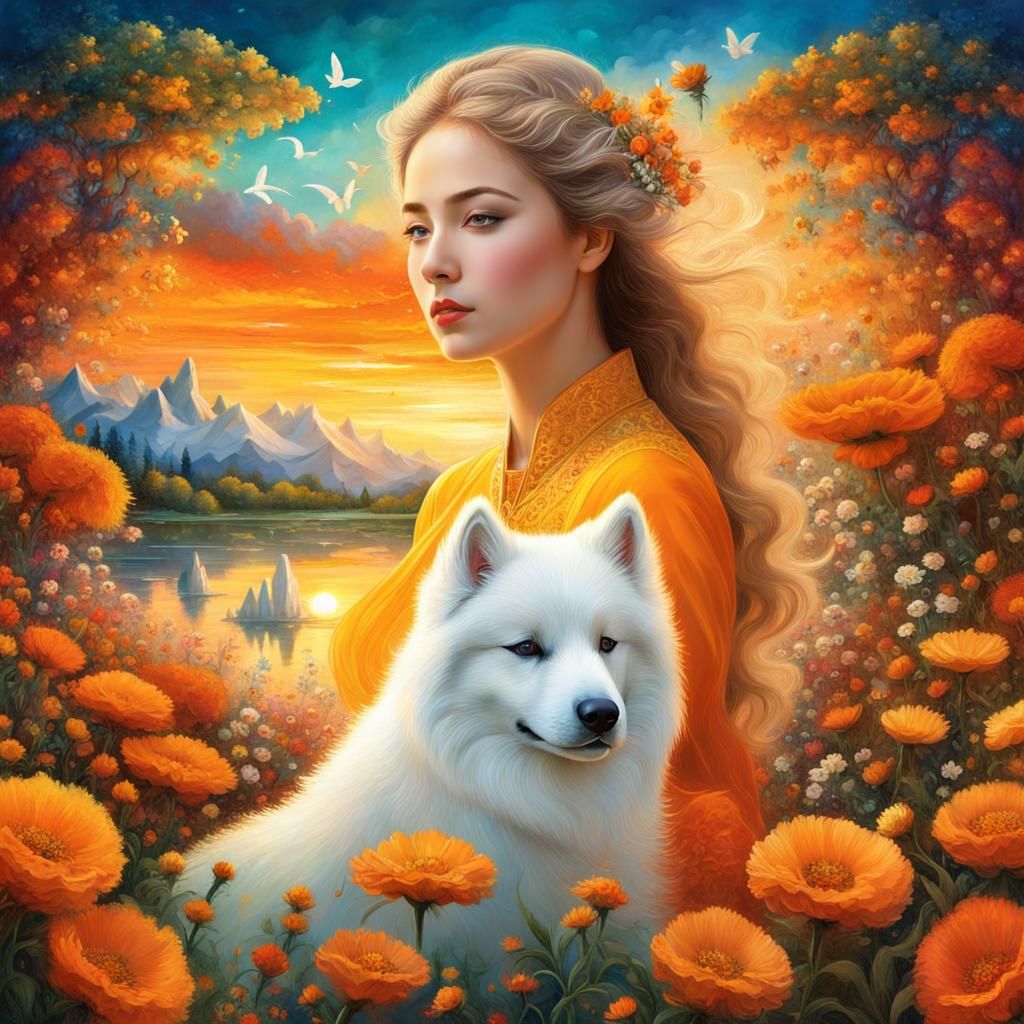 woman with samoyed in Orange - AI Generated Artwork - NightCafe Creator