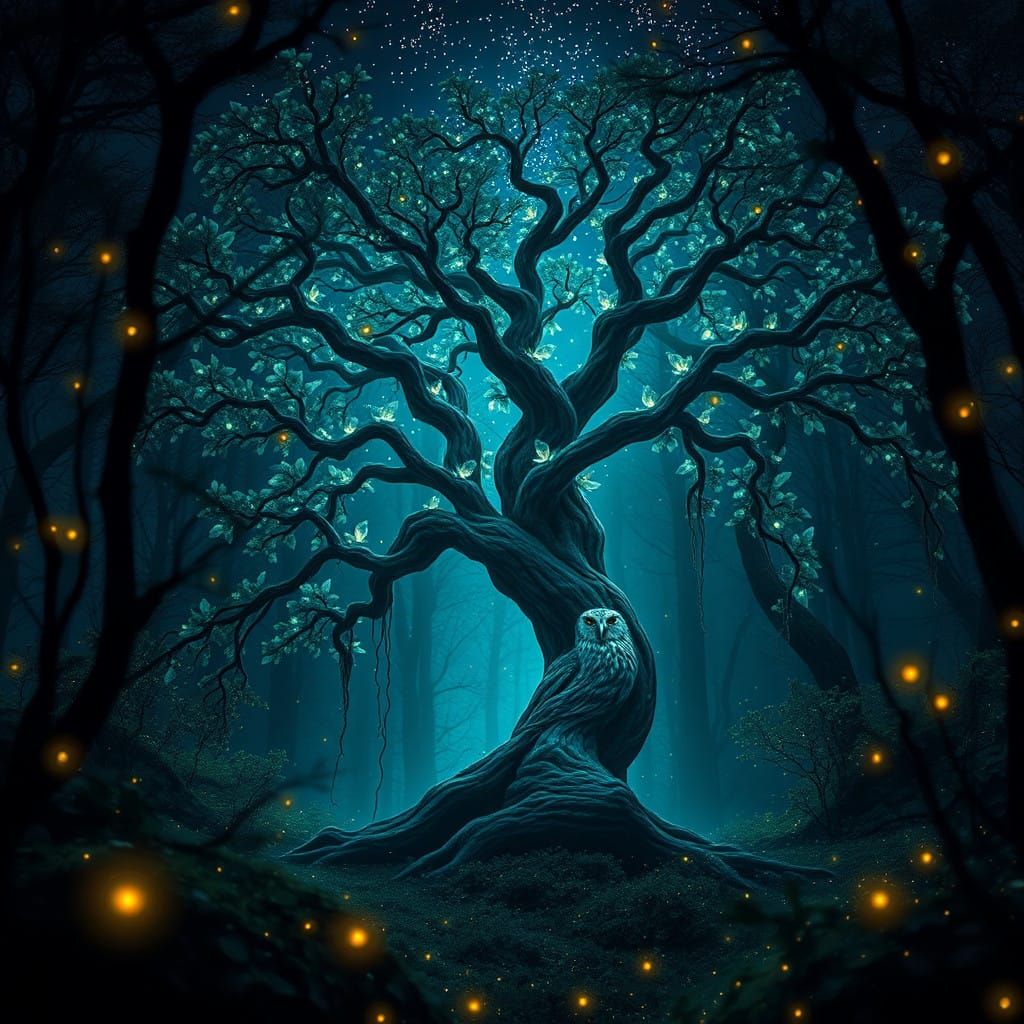 The owl tree - Mystical Owl Tree in Celestial Forest