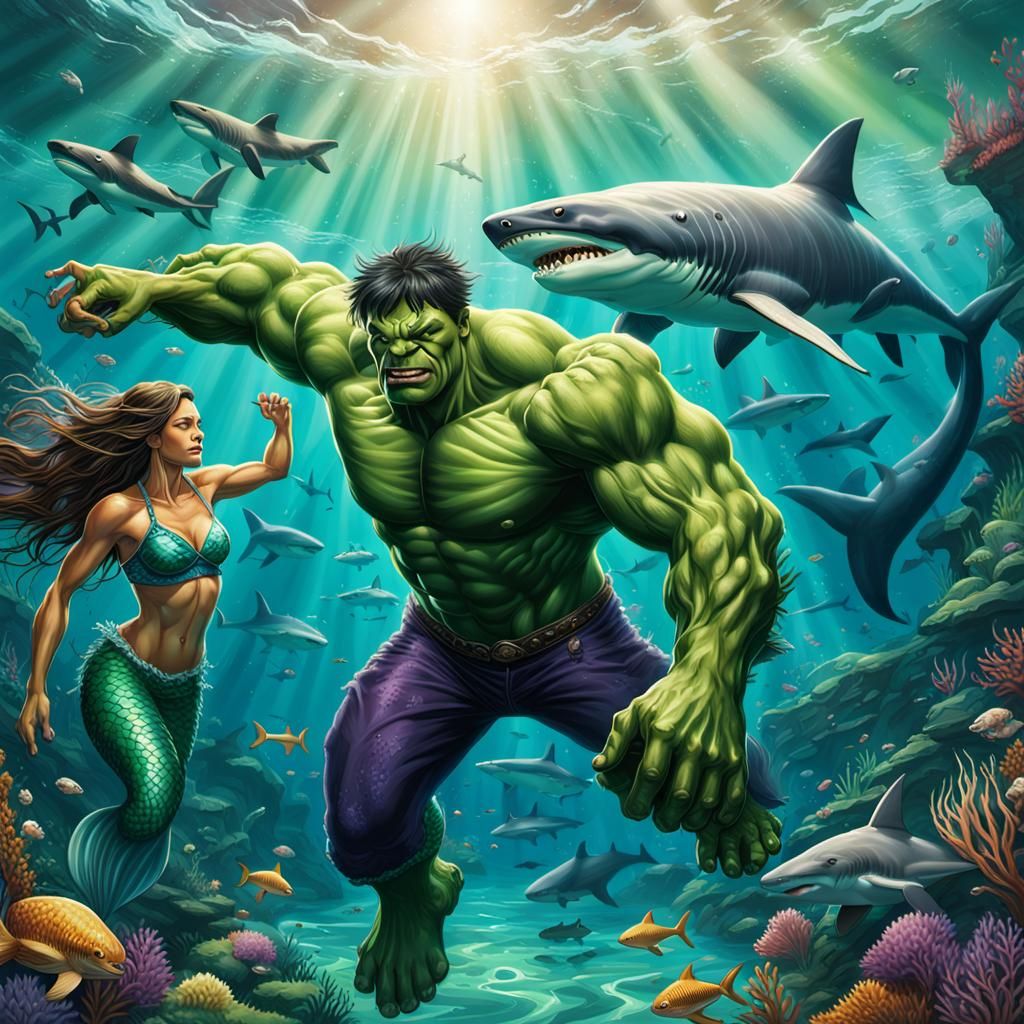 The Hulk in high detail swimming with a beautiful mermaid and sharks in ...
