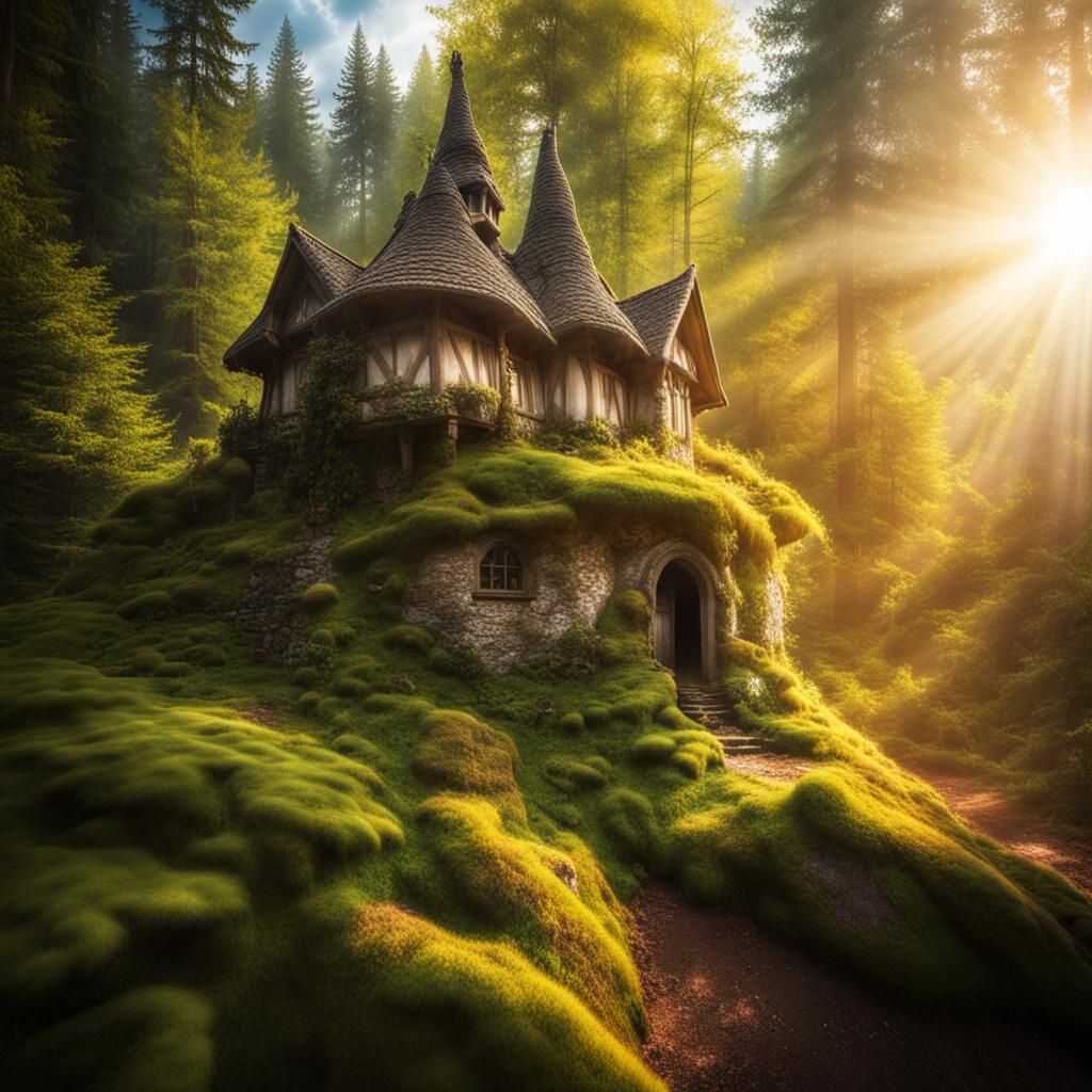 the house of the dwarves in the middle of a beautiful forest - AI ...