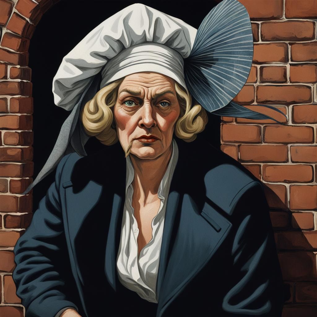 Hideously ugly fish-headed woman tipping her bonnet at the handsome things; blunt crude detail ...