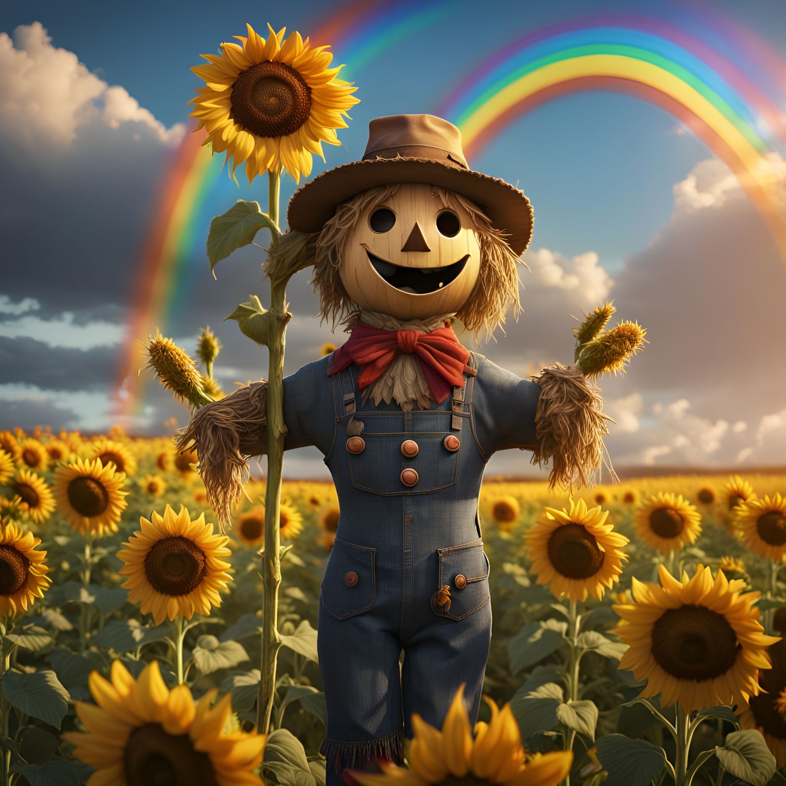 cute scarecrow in a field of sunflowers with a rainbow in the sky ...