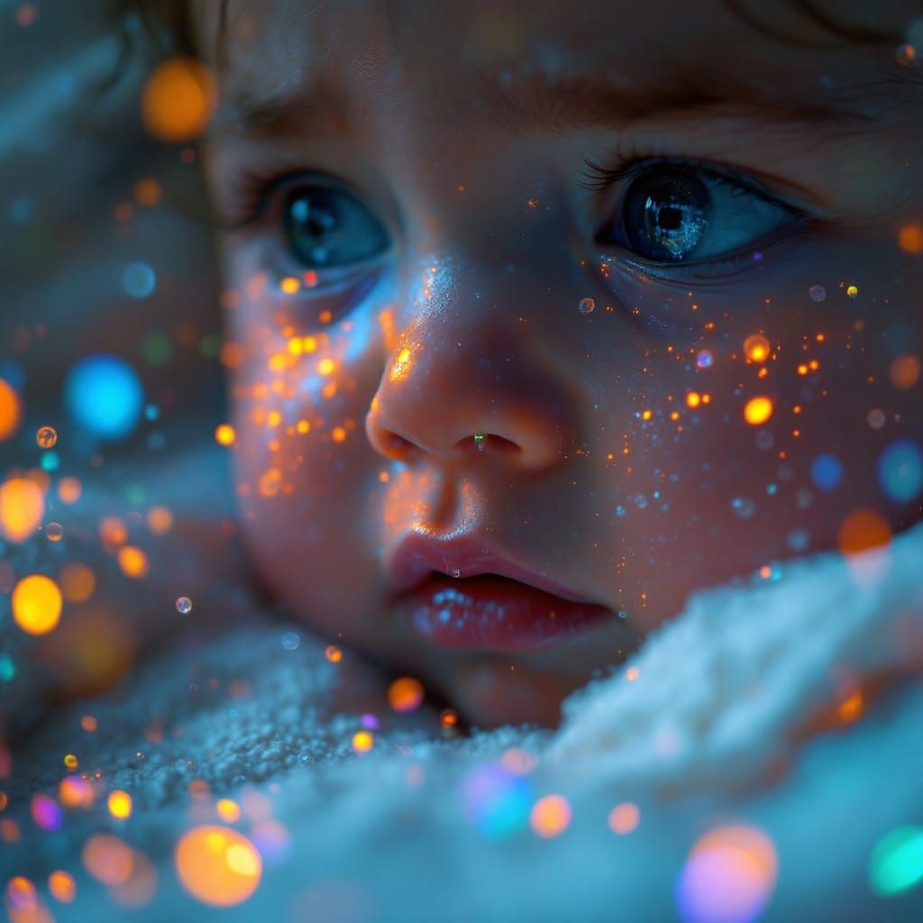 Baby's Distraught Face with Holographic Tears - AI Art