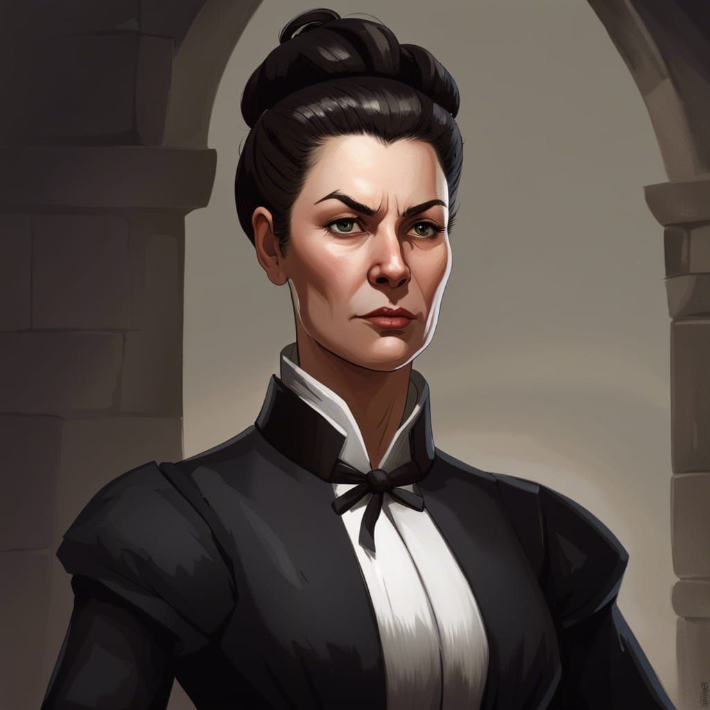 middle-aged woman tall and imposing figure. sharp features stern ...