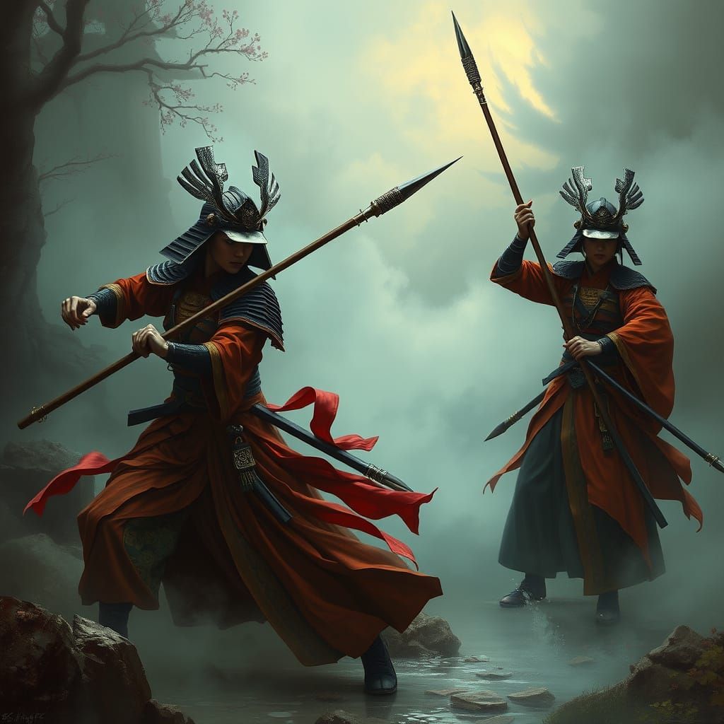 Samurai Women in Misty Landscape, Ethereal Fantasy... - AI Art