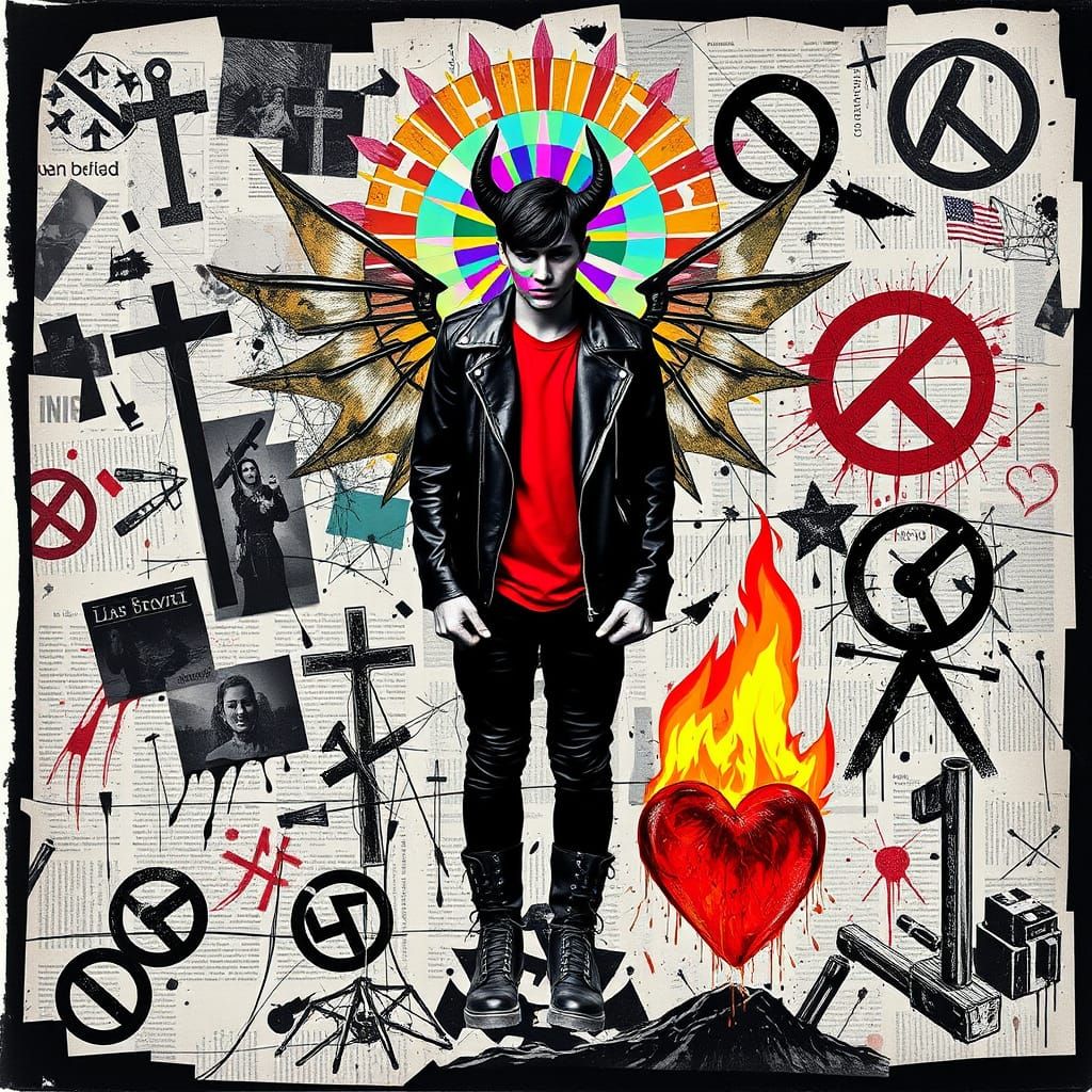 A surrealist, avant-garde art piece depicting a rebellious, androgynous ...