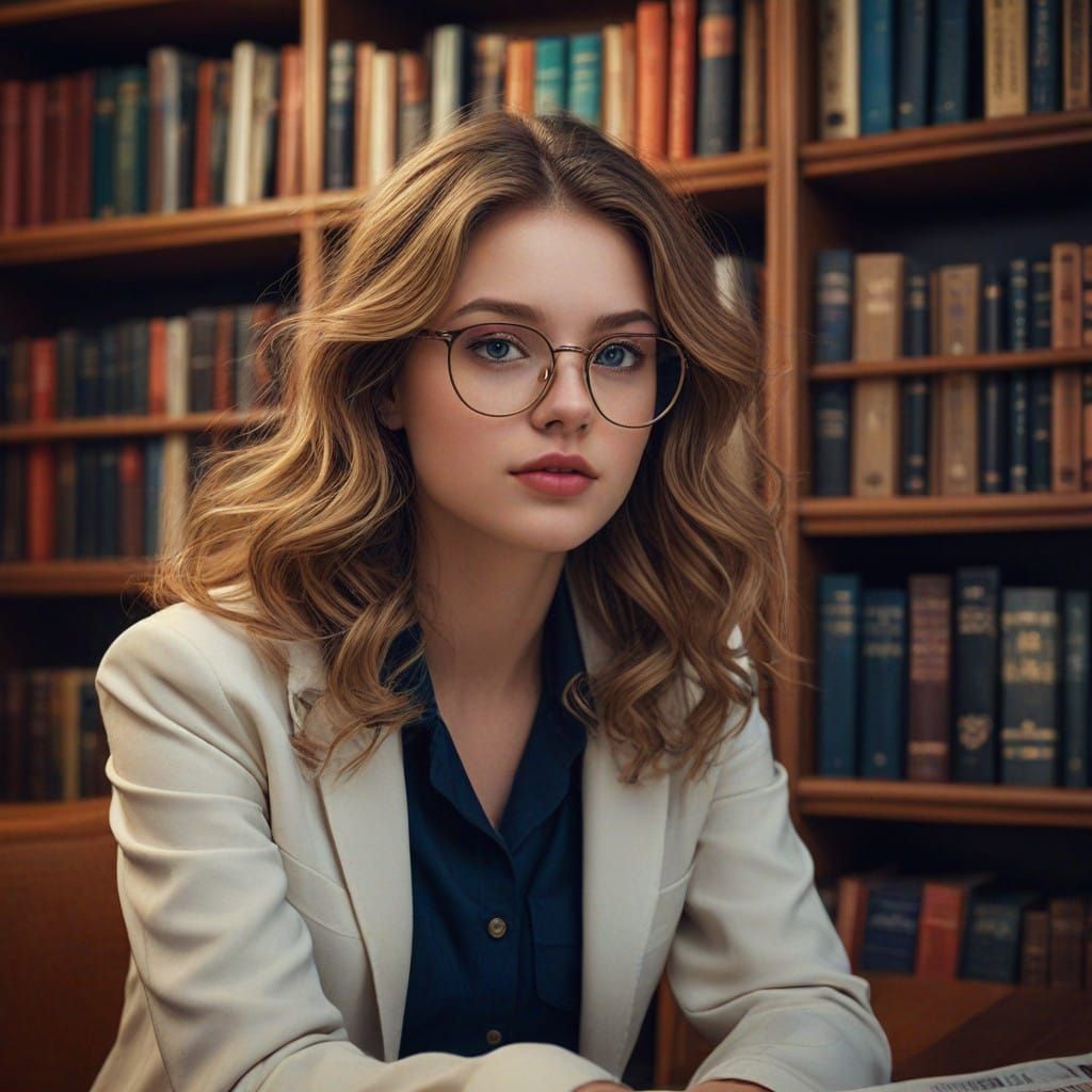 Faith Grady - Glamorous Young Woman in a Majestic Bookshelf...