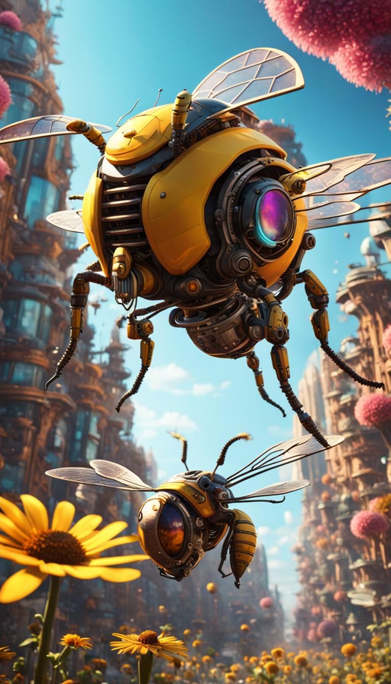 Portrait of a mechanical bee flying through mechanical flower city ...
