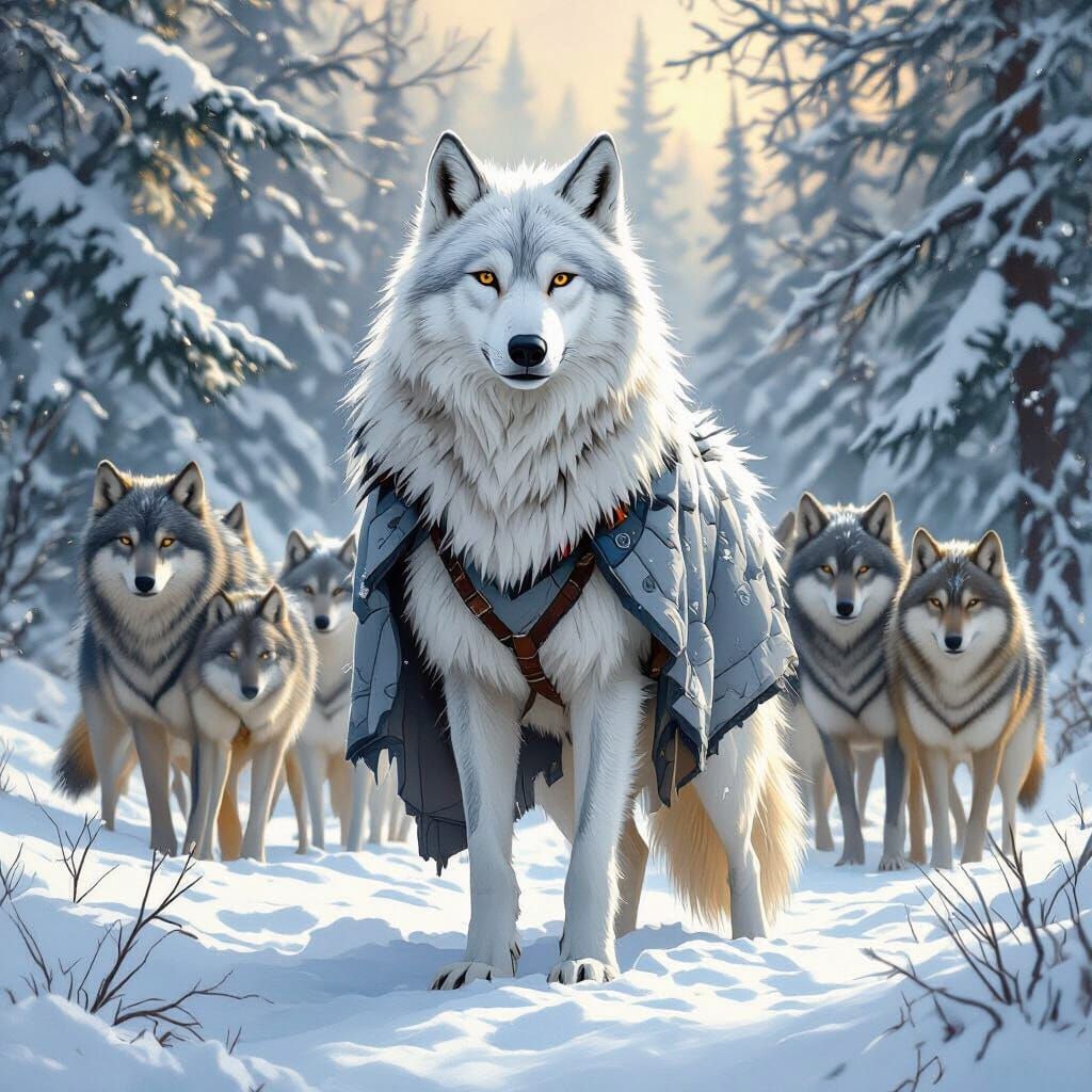Alpha Wolf Pack in Snowy Forest, Digital Painting - AI Art