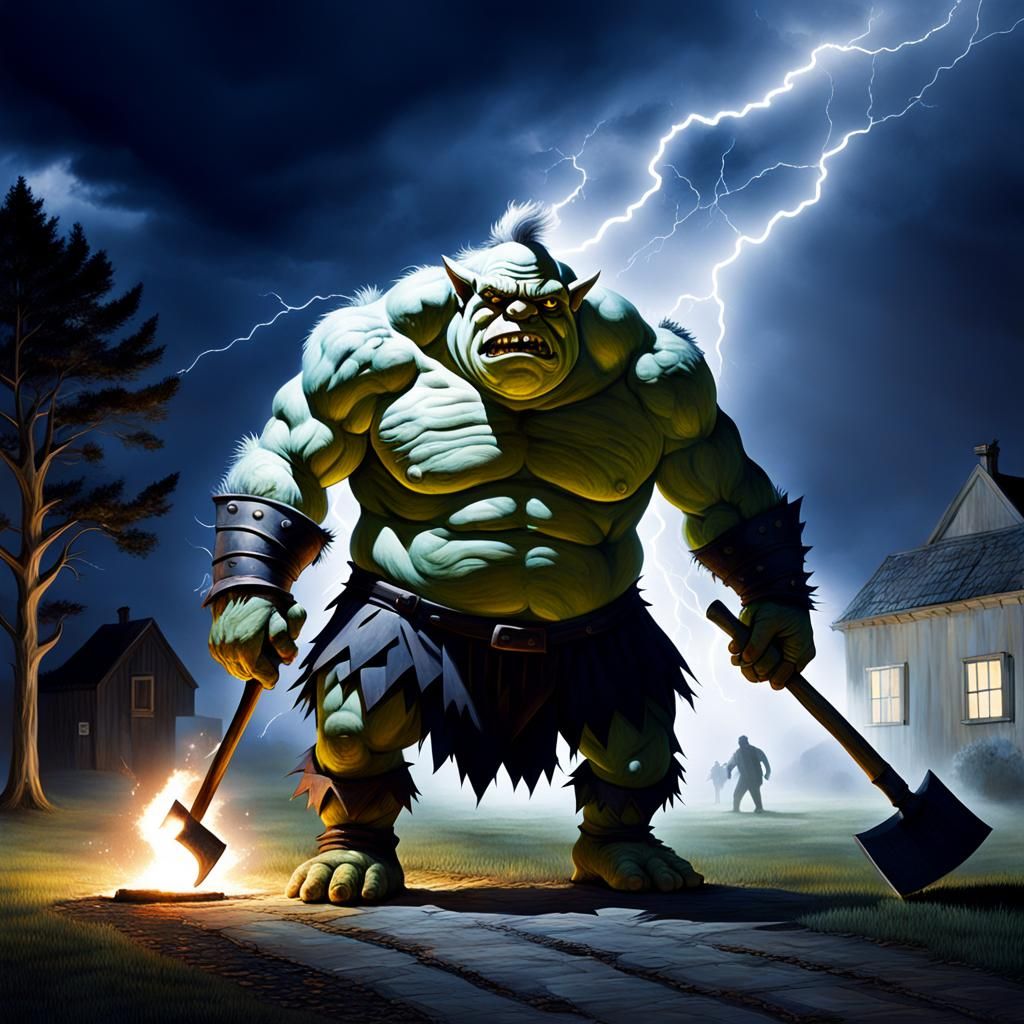 big ogre, with ax, executioner, Bridget Riley, Jana Heidersdorf, moody ...