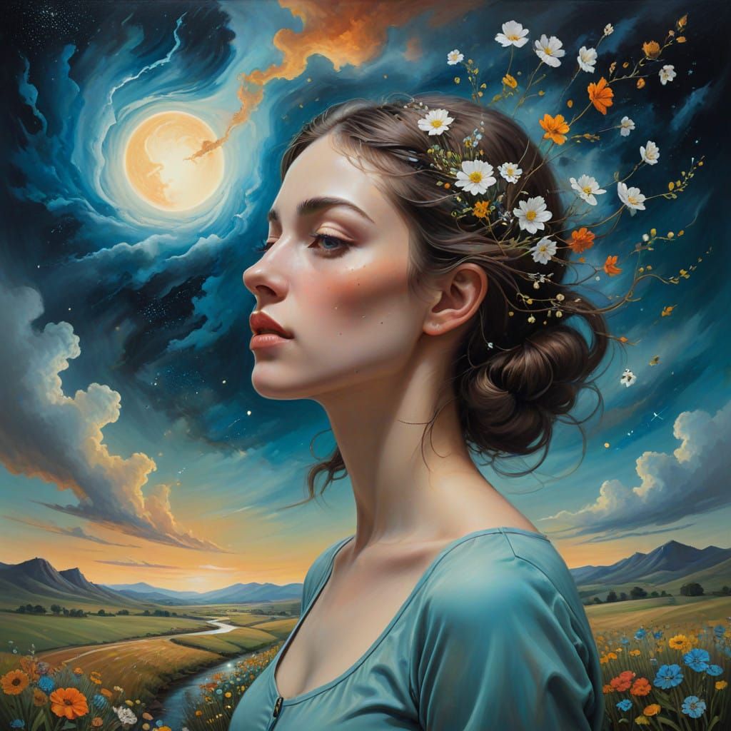 Surreal Woman's Profile Merges with Celestial Land... - AI Art