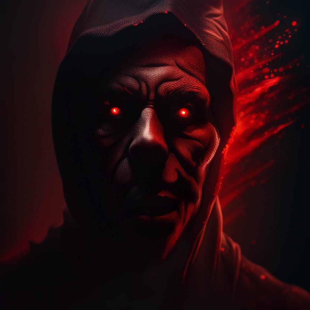 A mysterious character coming out of a shadow with red mist around him ...