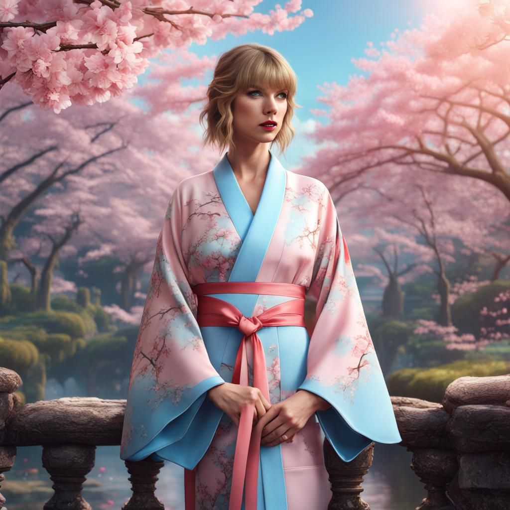 taylor swift in baby pink kimono and light blue ribbon in cherry ...
