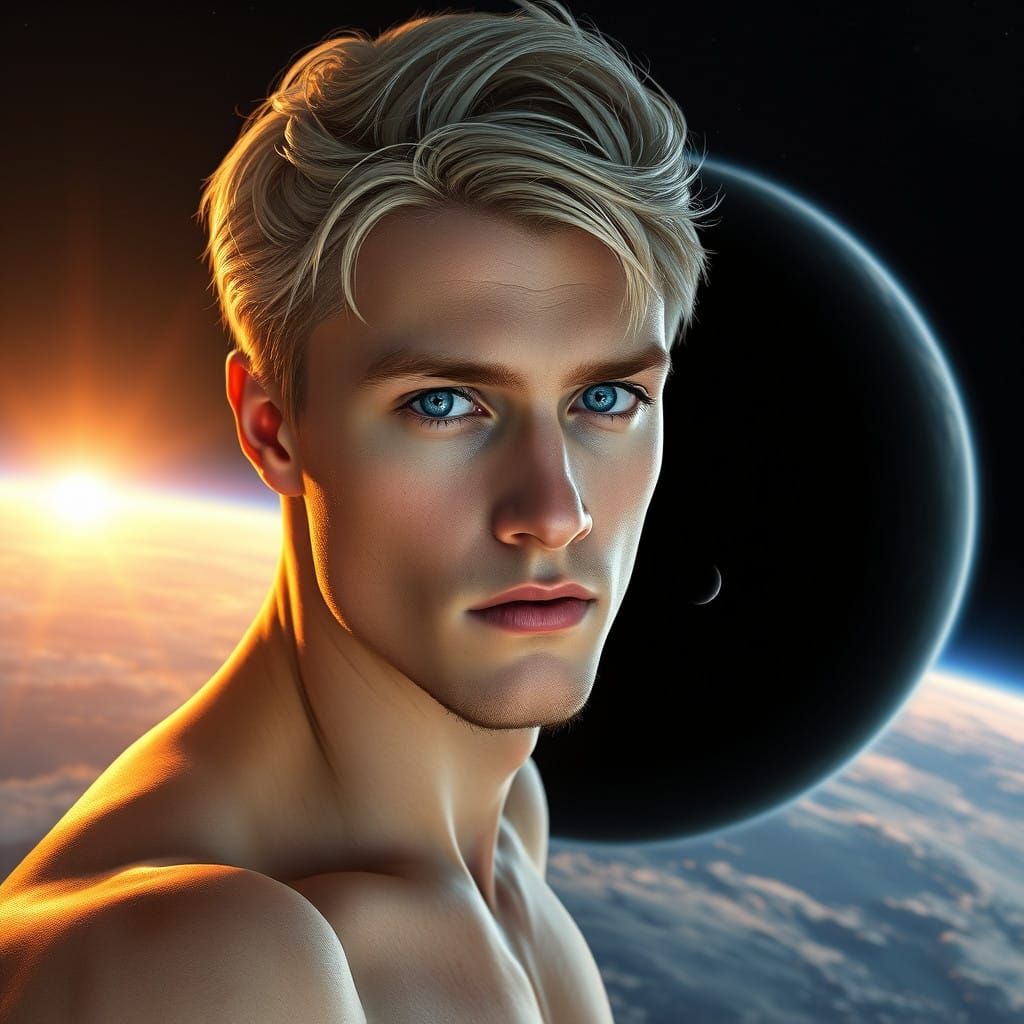 A Handsome Astronaut Watches Over a Dually Illumin... - AI Art