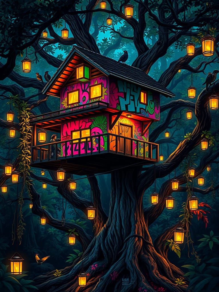 Nigerian treehouse Night Cafe. - Vibrant Treehouse Night Ca...