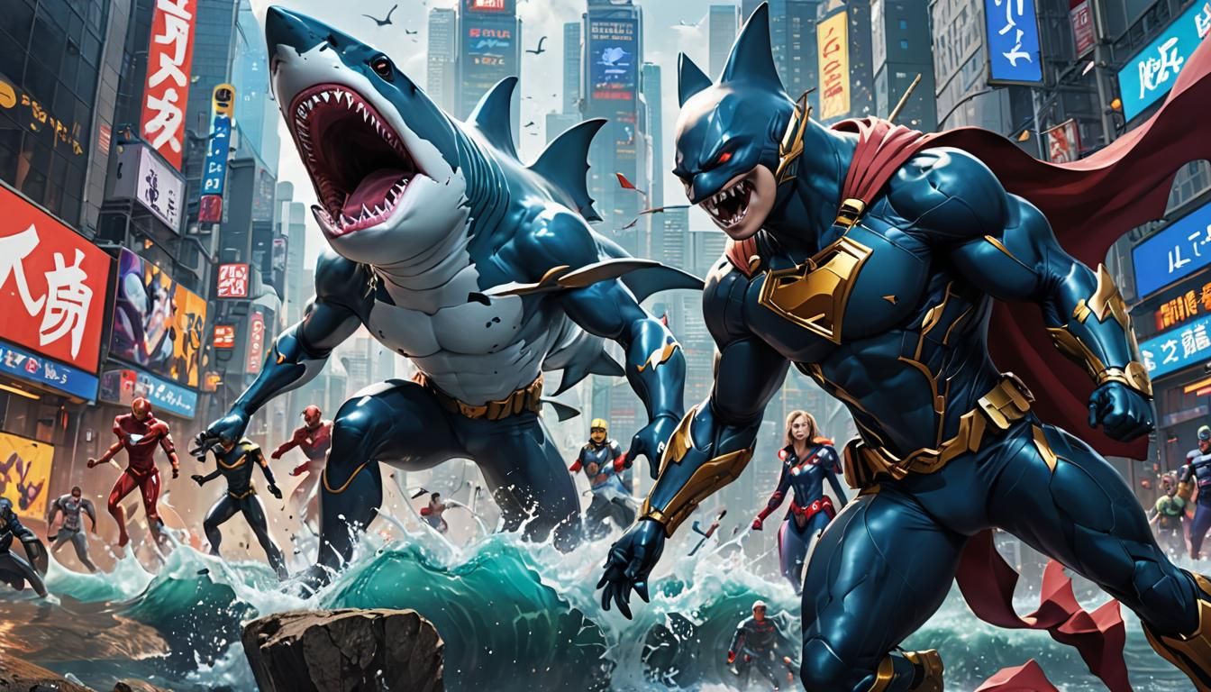 shark head and human legs, superheroes, by artist "anime", Anime Key ...