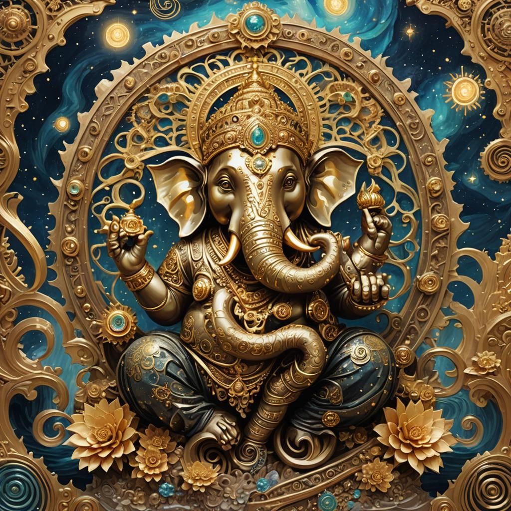Ganesh, Lord Ganesh, gold intricate metal bejeweled tusks, glowing ...