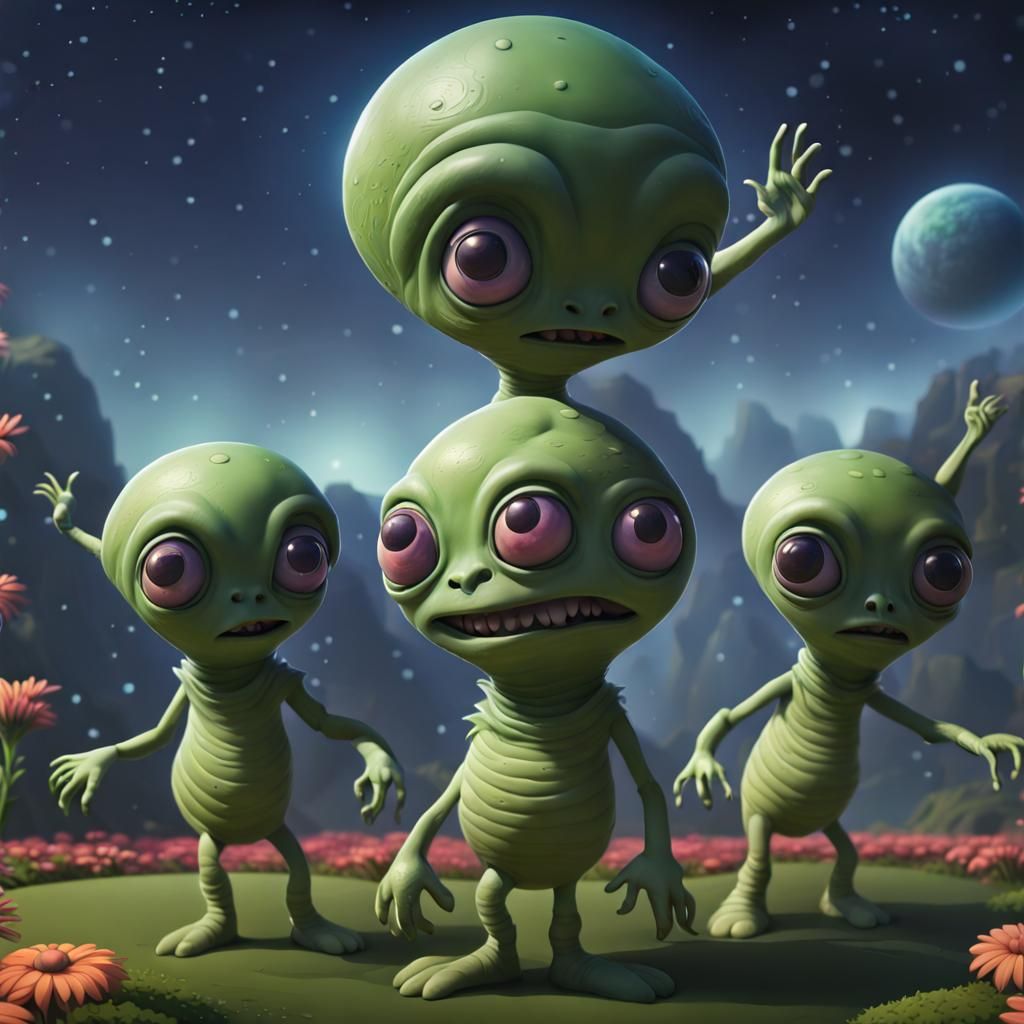 Ugly aliens dancing in a flower garden on an alien planet - AI ...