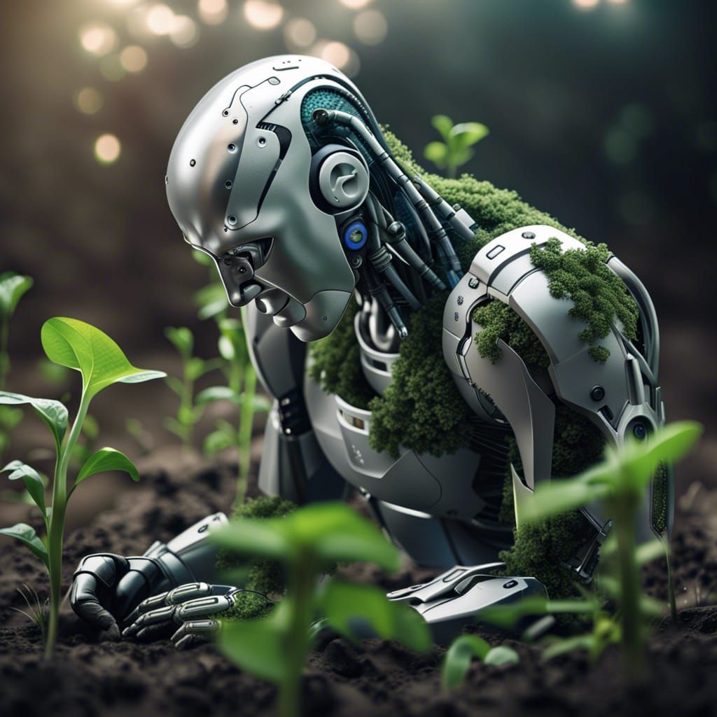 Cyborg planting plants on earth - AI Generated Artwork - NightCafe Creator