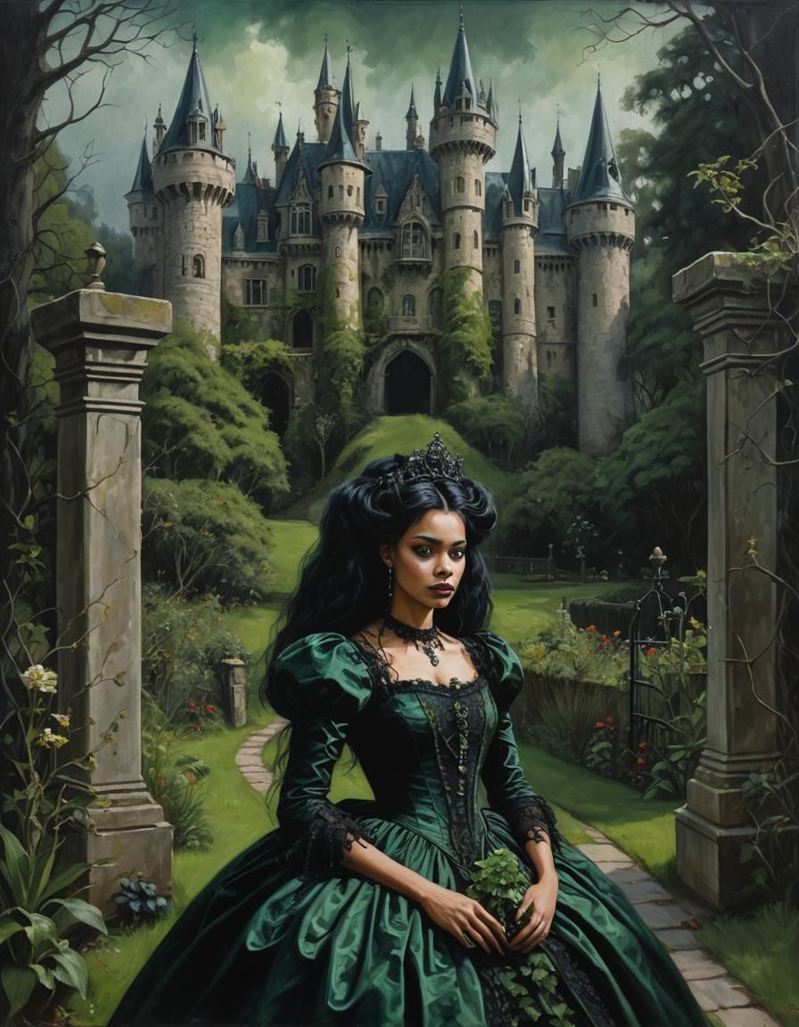 goth black princess in dark green eerie gown portrait, gothic castle ...