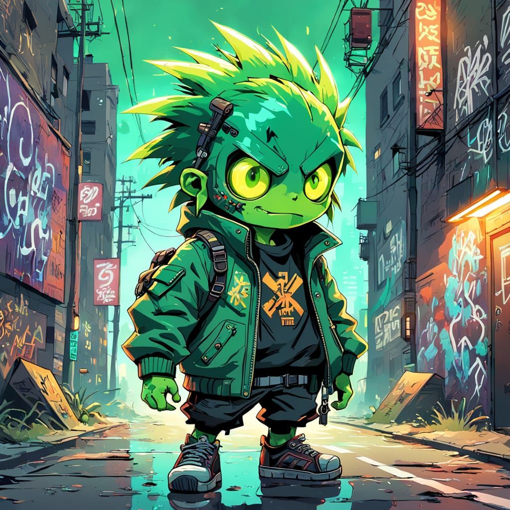 a bright green sprunki - Electric Punk Sprite in Urban Chaos