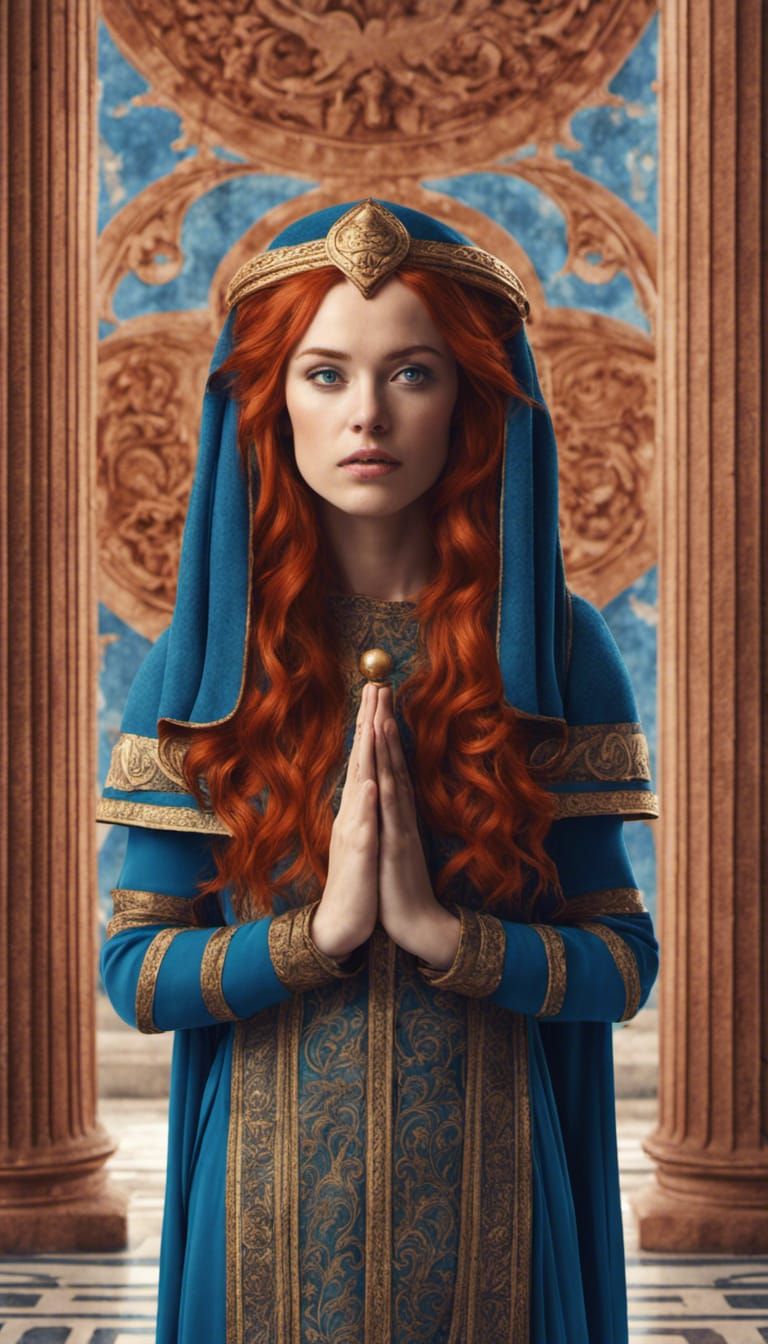 Medieval red haired young woman priestess 8K resolution symmetrical ...