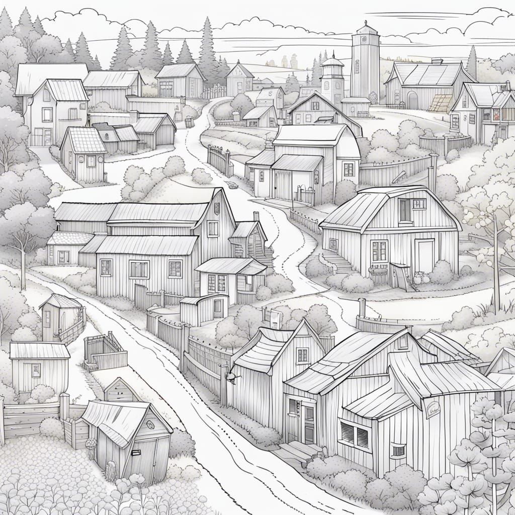 a colouring page of a small town with farms around - AI Generated ...