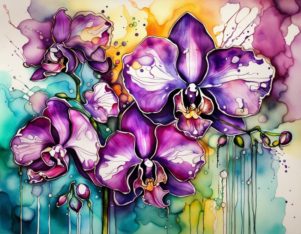 Orchid flowers, watercolor, ink drawing, copious alcohol ink splashes ...