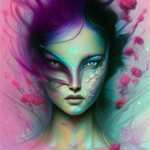 "beautiful alien girl, black hair, stunning face, roses, Dan Mumford ...