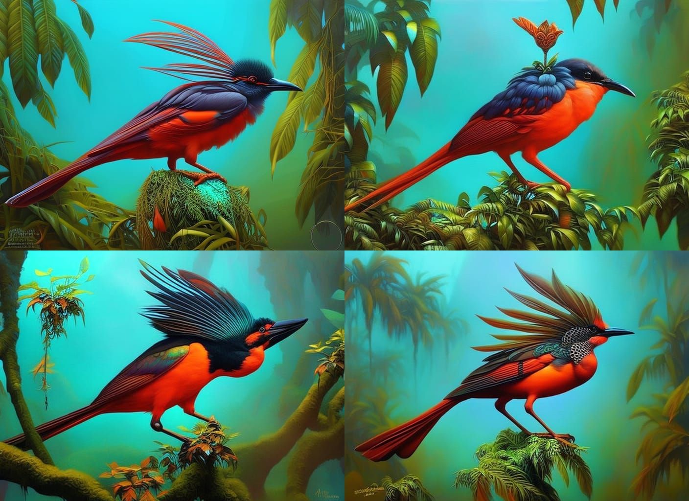 Strange intricate alien bird in a colorful tropical rainforest, berry ...