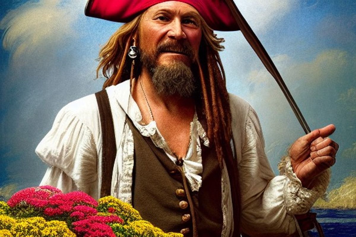 A portrait of a grizzled sad old pirate captain surrounded by flowers ...