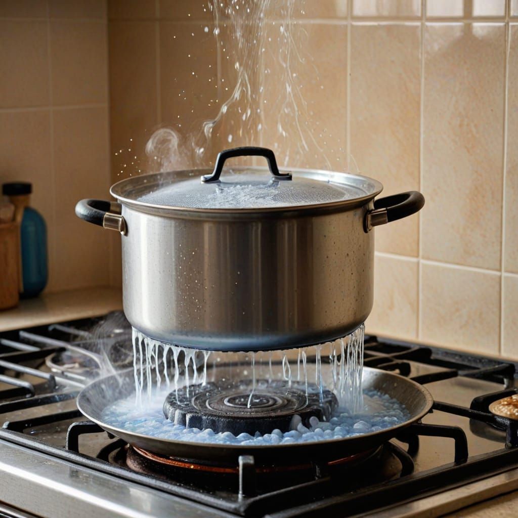 A pot of water on a stove, with steam rising from it as it heats up ...