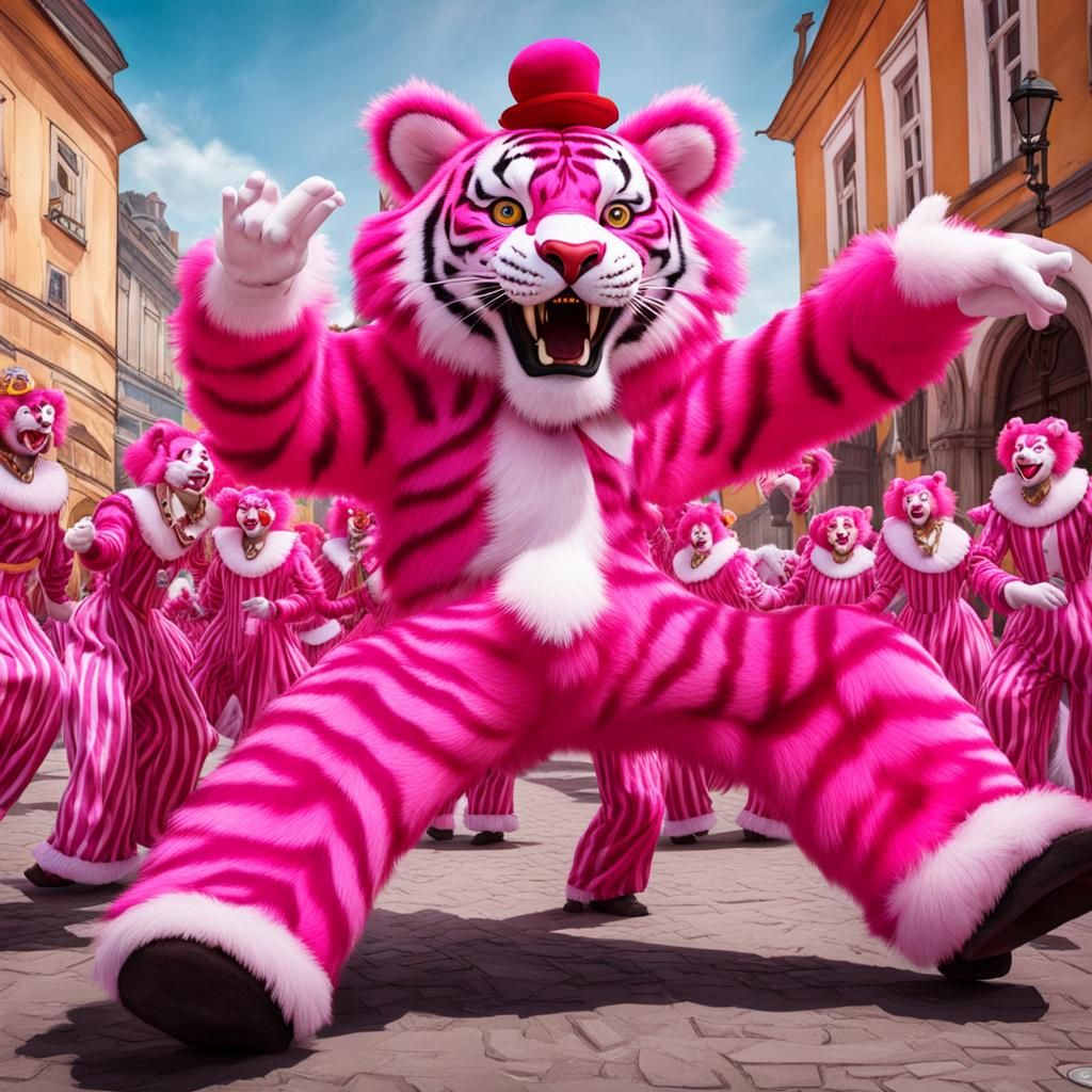 A pink tiger dances Polska in the center of the set. There are tons of ...