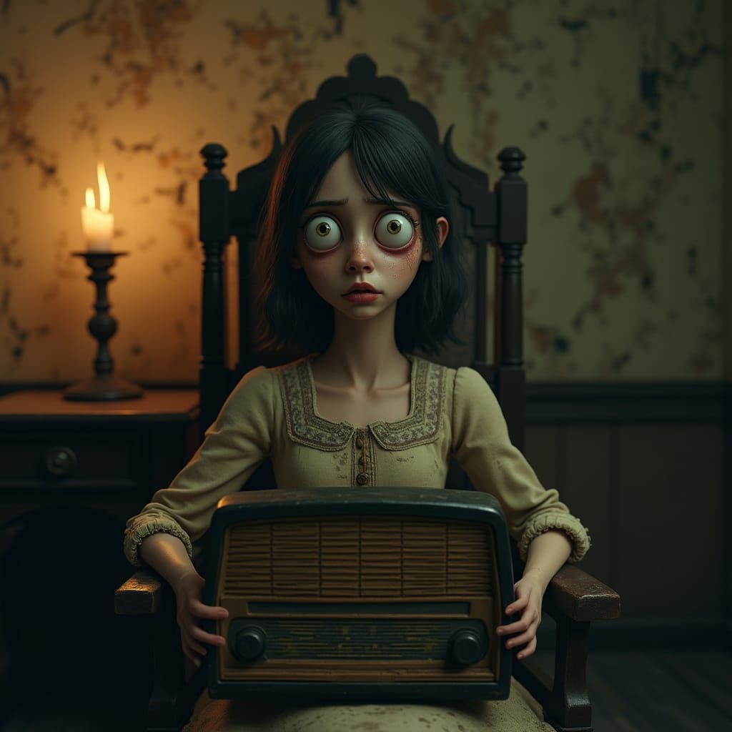 Young Woman Frozen in Terror, Creaky Chair, 3D Ani... - AI Art