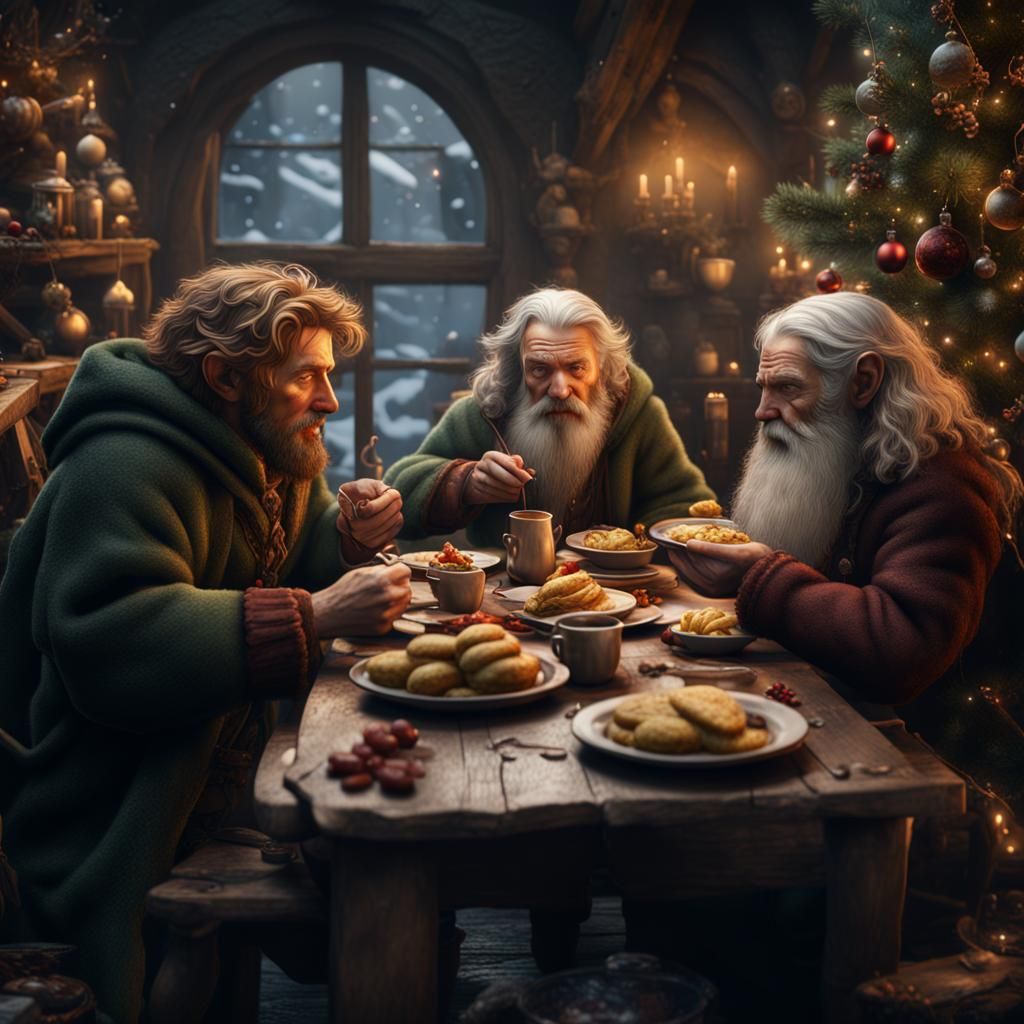 Hobbits at christmas enjoying second breakfast - AI Generated Artwork ...