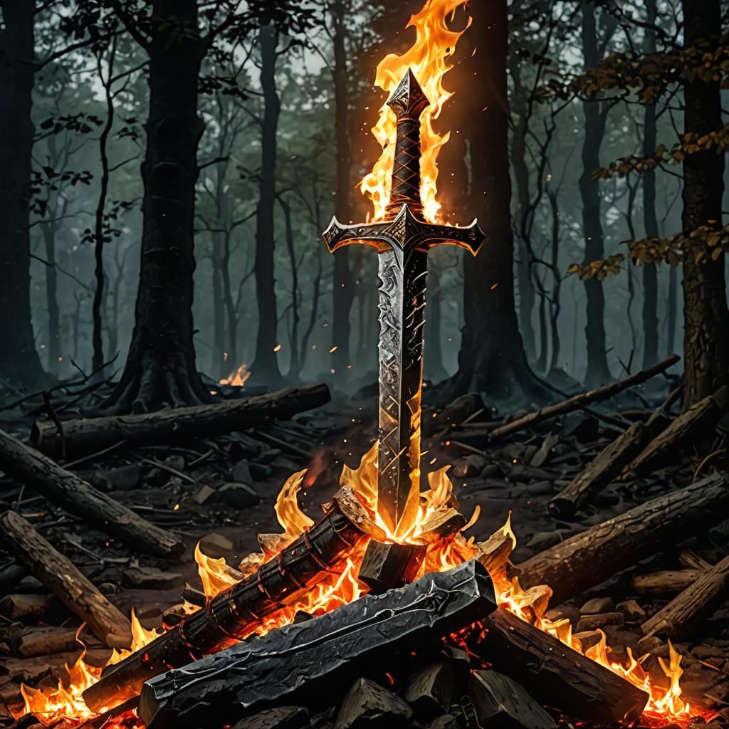 A flaming and lightning sword of the heroes stabbed in a stone in the ...