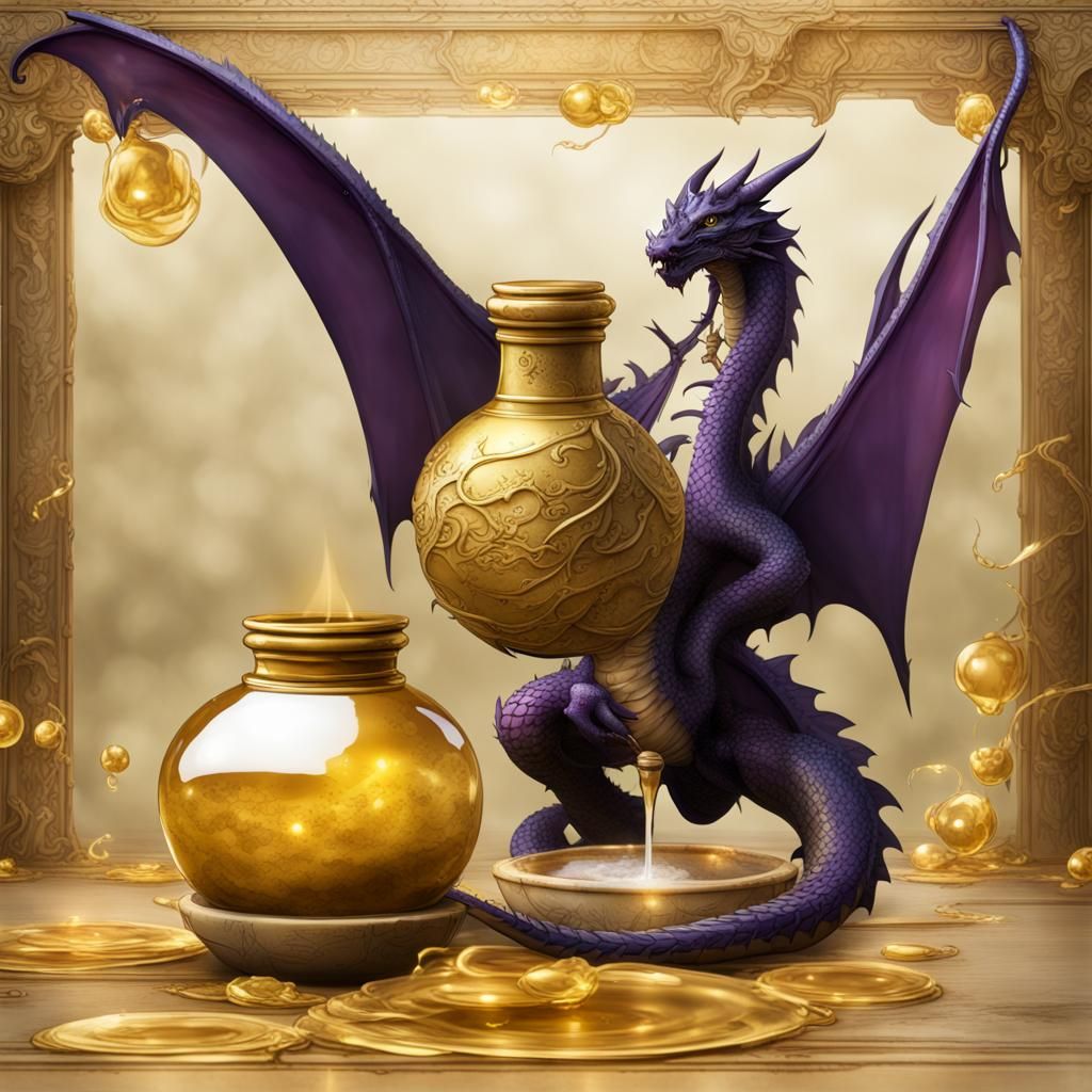 Dragon's Majesty Potion, liquid gold, with scale floating in potion ...