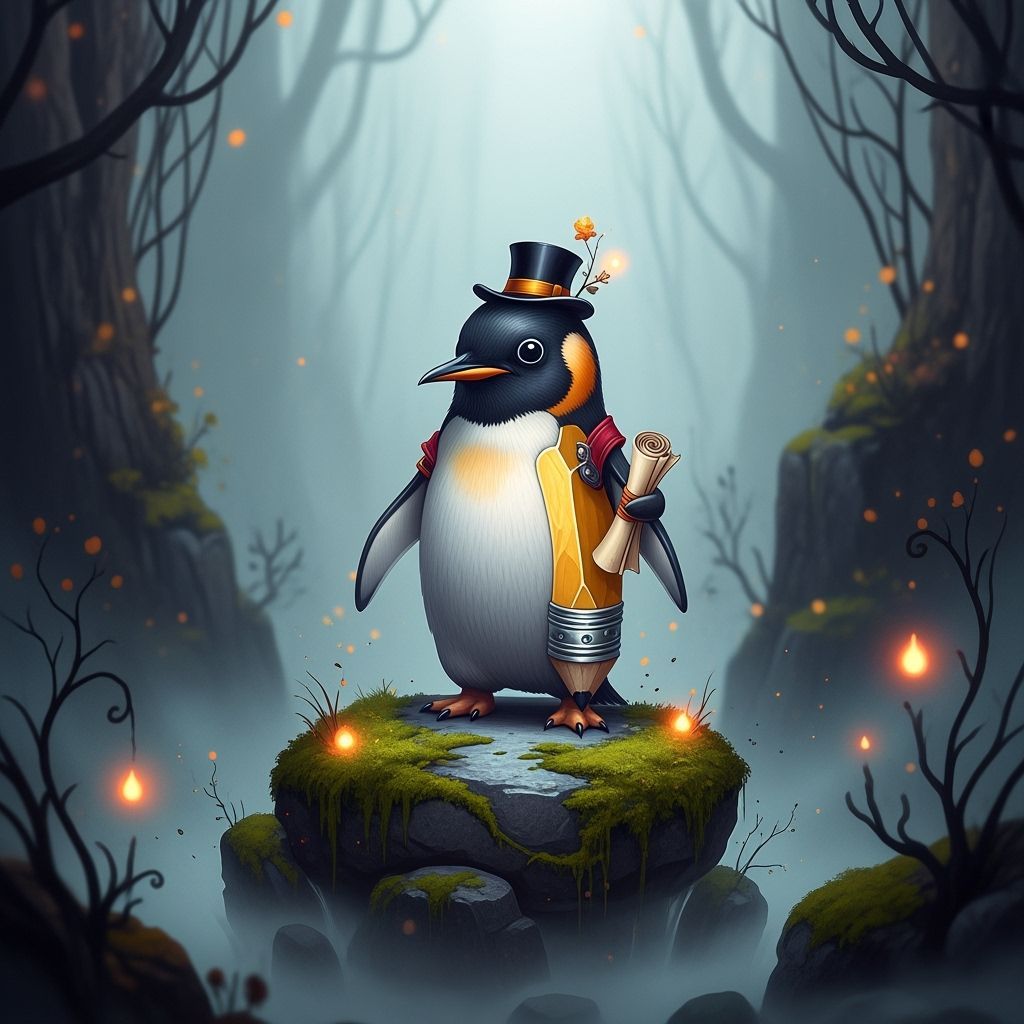 Penguin Pencil Creature in Fantasy Landscape Art - AI Art