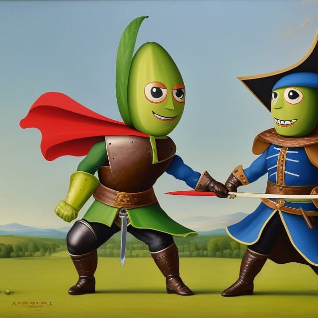 "Avocado knight" and "sausage knight" having a swordfight. The knight ...