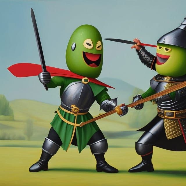 "Avocado knight" and "sausage knight" having a swordfight. The knight ...
