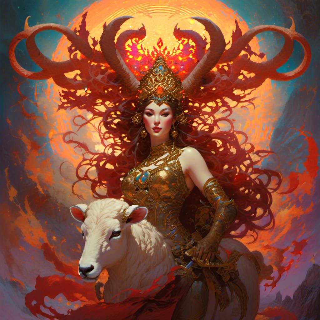 Aries goddess charges into the cosmic arena, adorned with the flames of ...