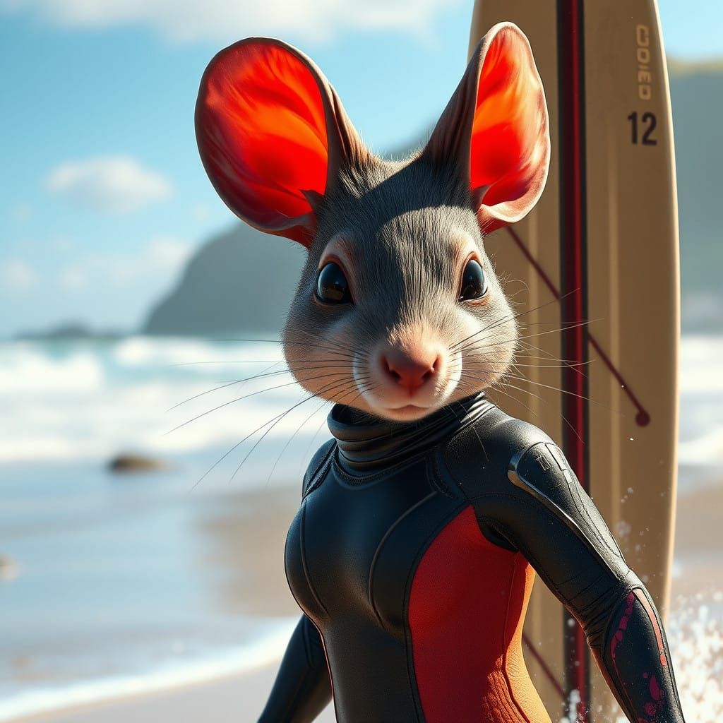 Dynamic Surfing Mouse Goddess in Beach Portrait - AI Art