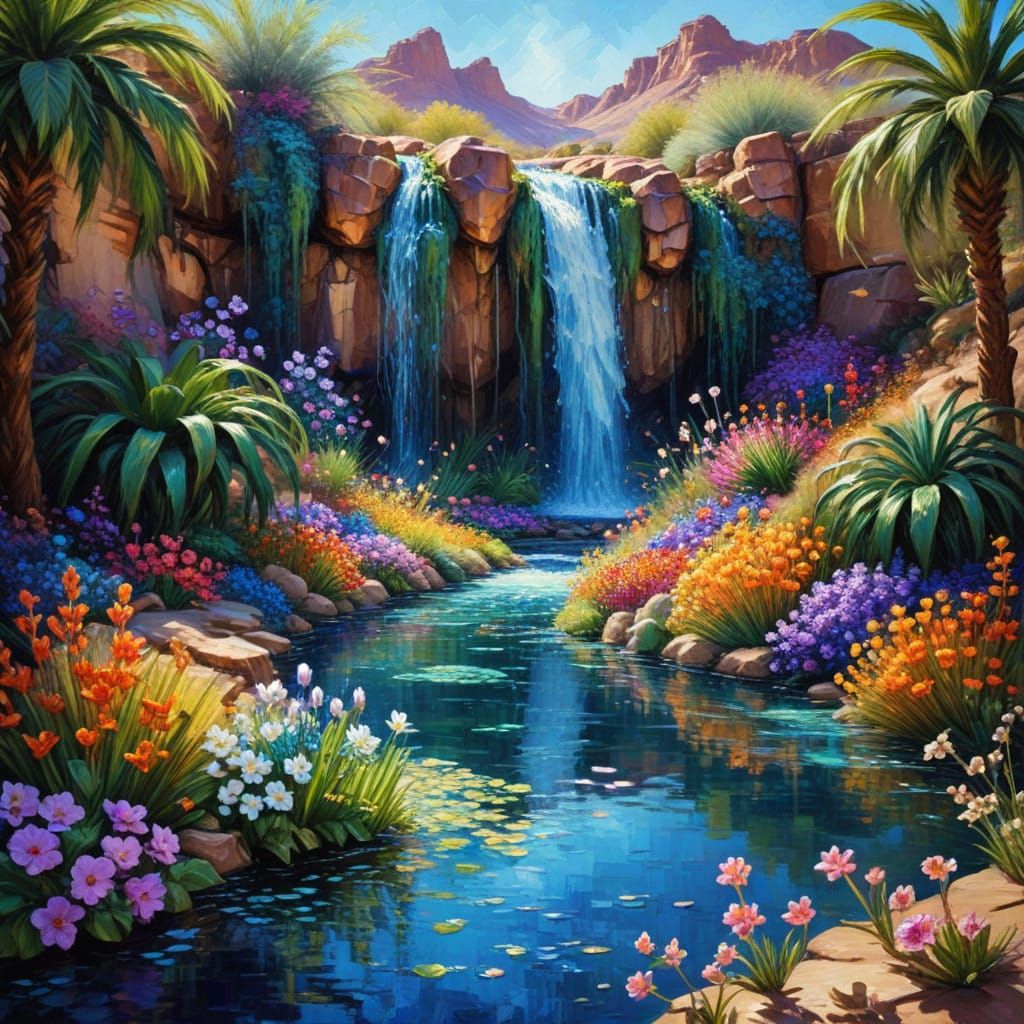Impasto Cascade Hallucination, Flowers, falls, pond, Desert Oasis ...