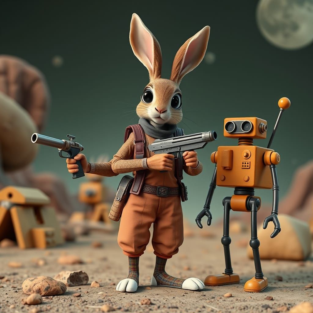 Retro Sci-Fi Rabbit Adventurer in Claymation Style - AI Art