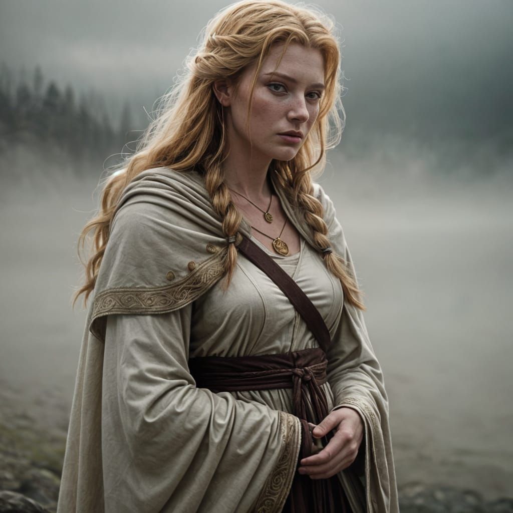 Boudicca wearing simple regal cloth robe.