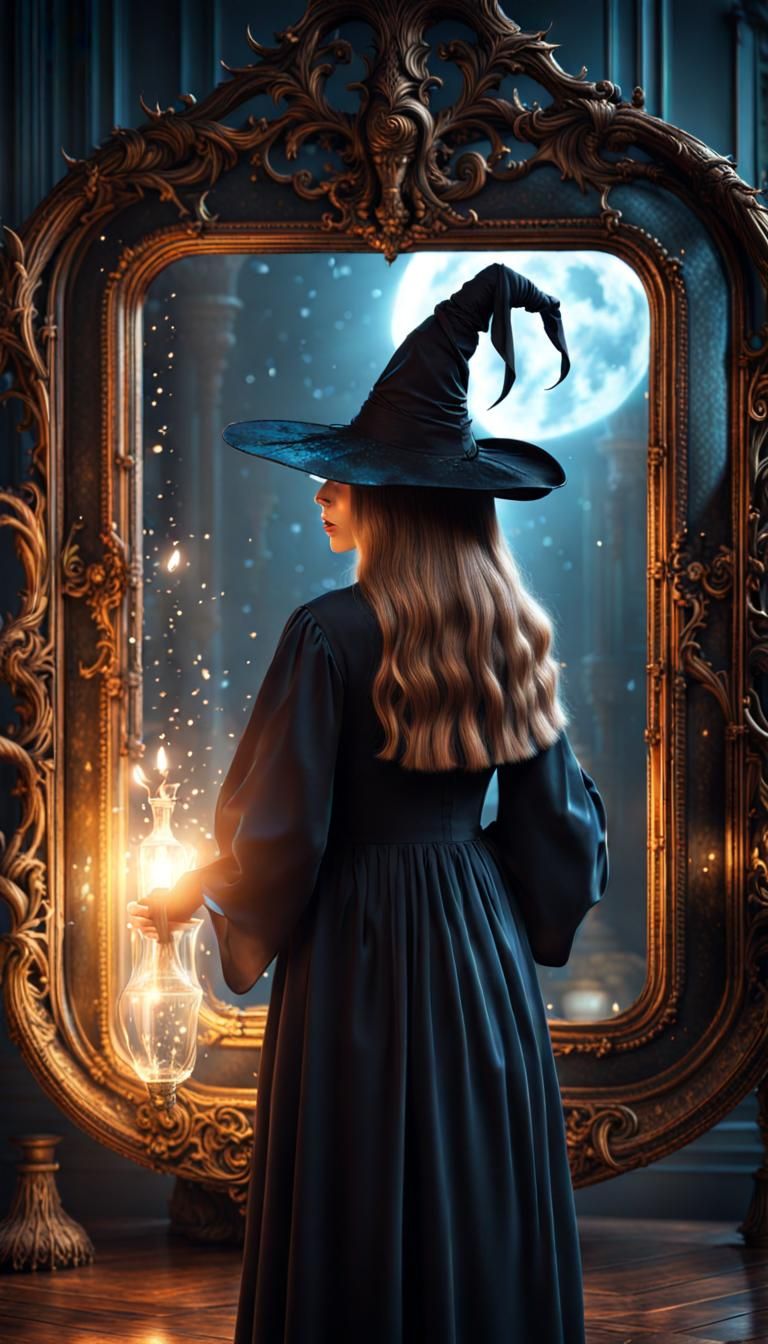 An old ugly witch beseech in front of a magical mirror, the mirror is ...