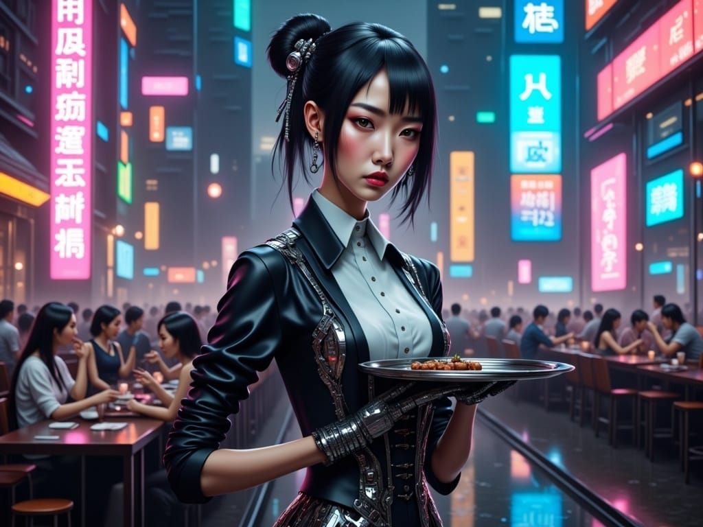 Cyberpunk Android Waitress in Shanghai.
